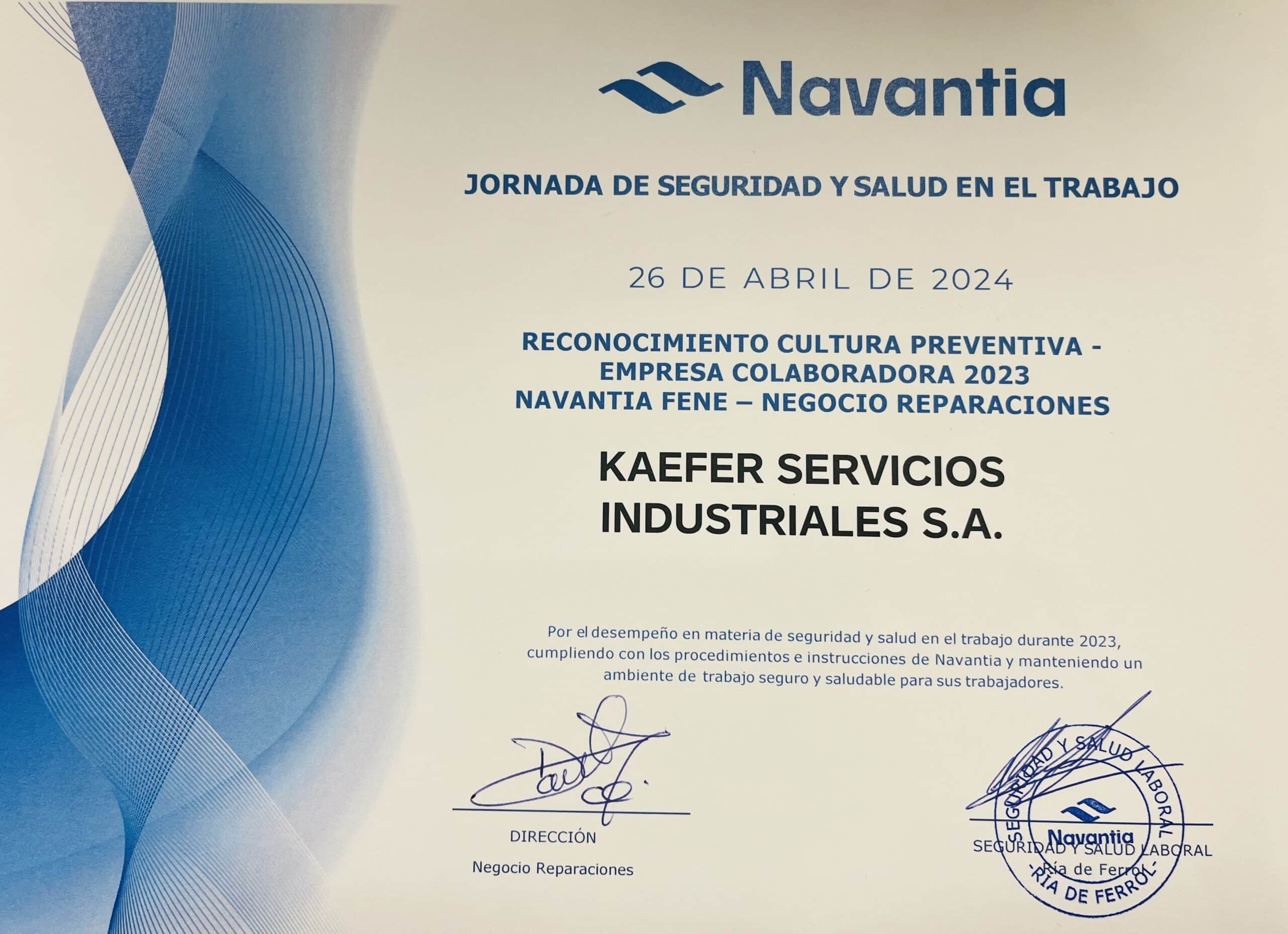 RECONOCIMIENTO DE NAVANTIA A KAEFER POR "MEJORES PRÁCTICAS PREVENTIVAS ...